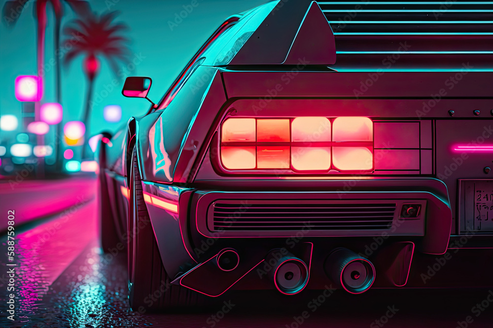 sport car on synthwave city background. retrowave style, neon lights ...