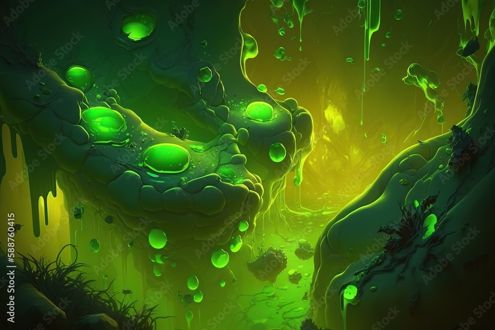 Slime background. Ai. Green toxic stretches of ooze and glow particles ...