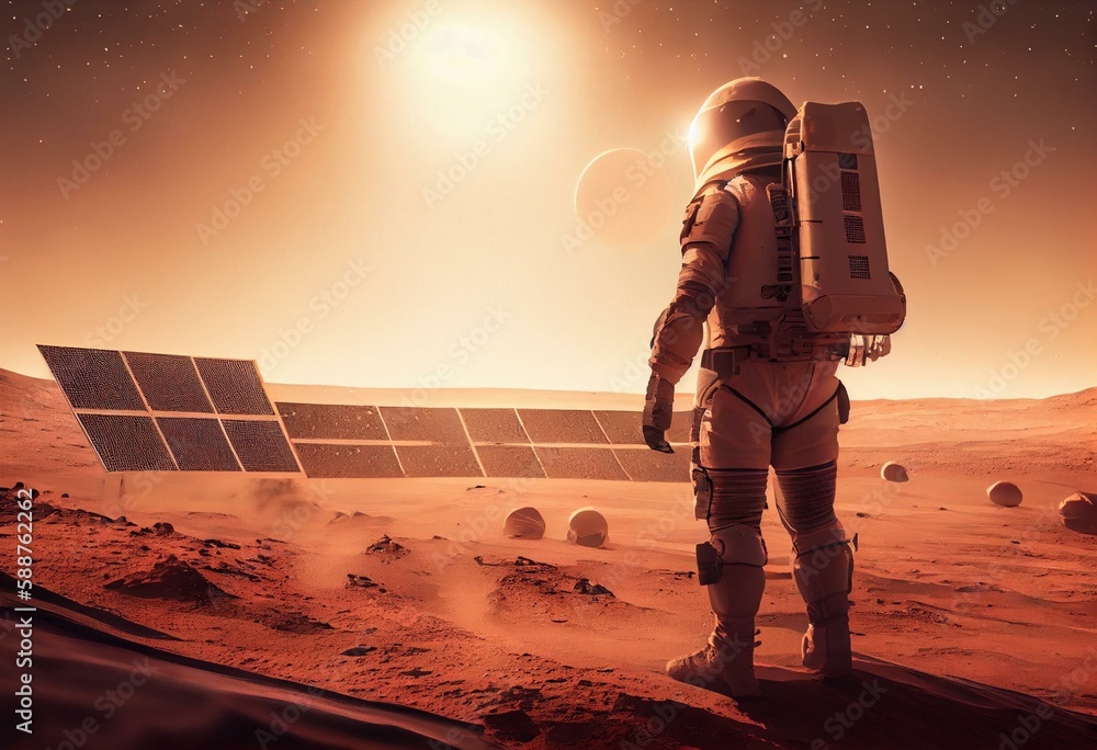 Astronaut goes on the surface of Mars through a dust storm past the ...