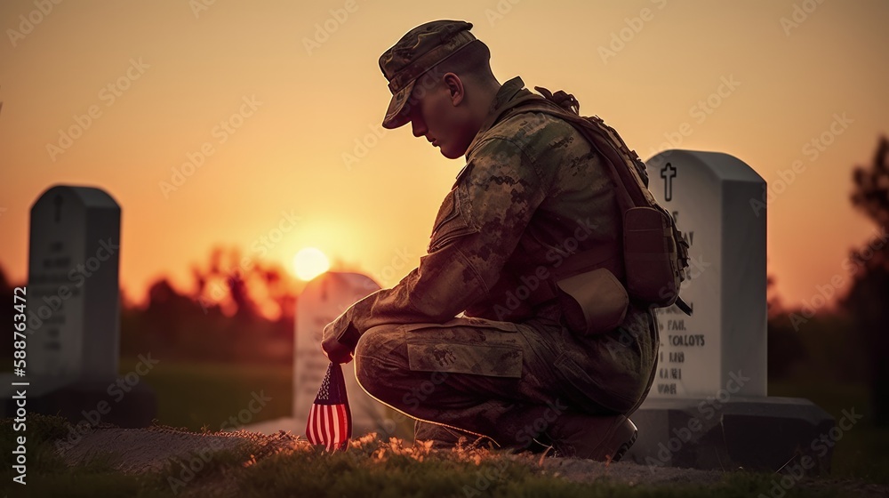 Military Man Kneeling at Fallen Soldier's Grave during Sunset. Concept ...