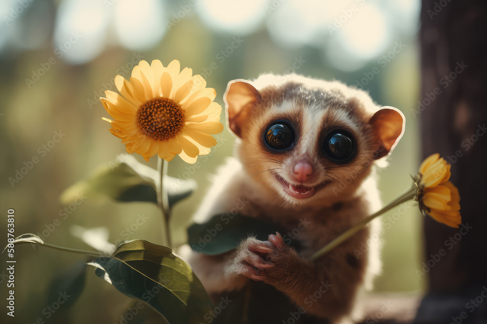 Happy Slow Loris monkey holds a daisy flower and smiles. Sunny day ...