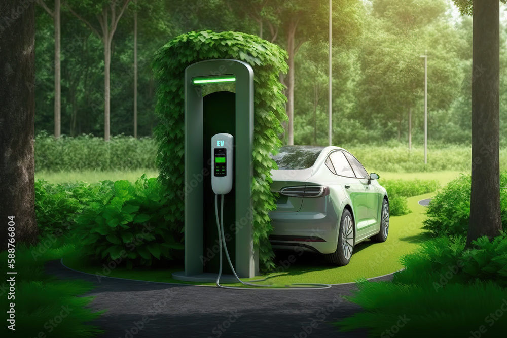 The EV car is charging electrical fuel at the EV station in greenery ...