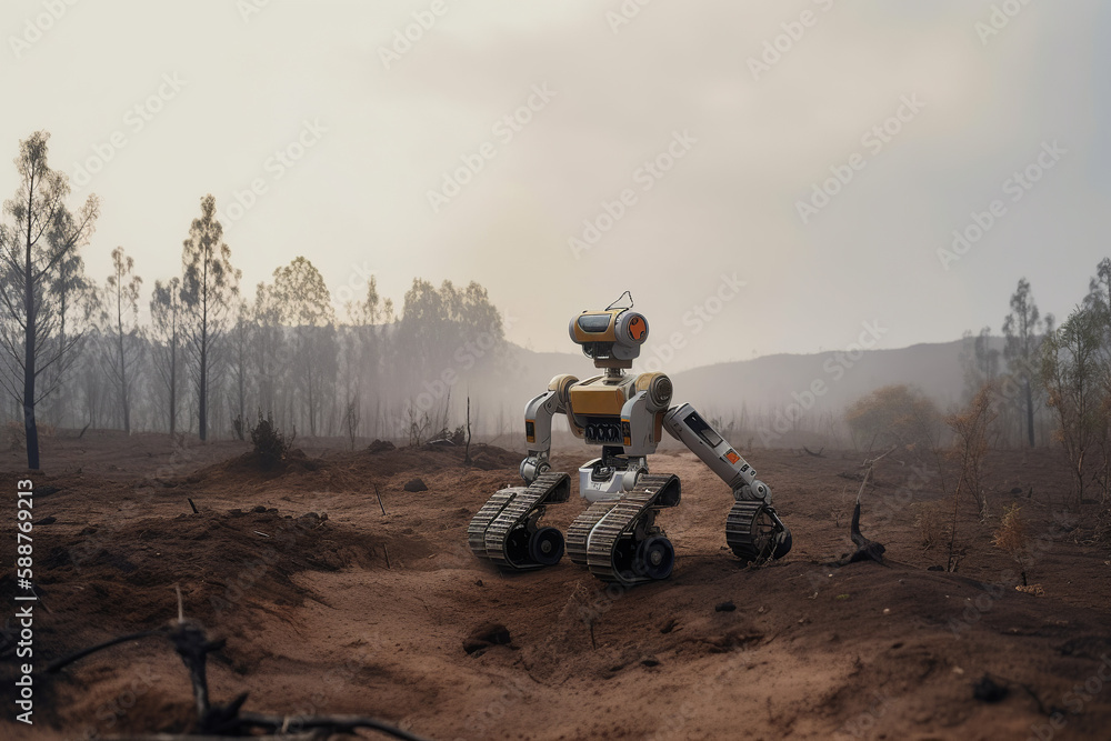 A futuristic vision of a self sufficient robot planting trees in areas ...