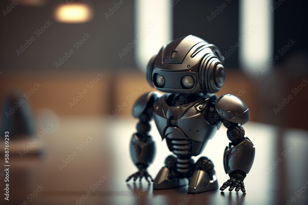 Mini toy robot on the table. Robots are automatic mechanisms that use ...