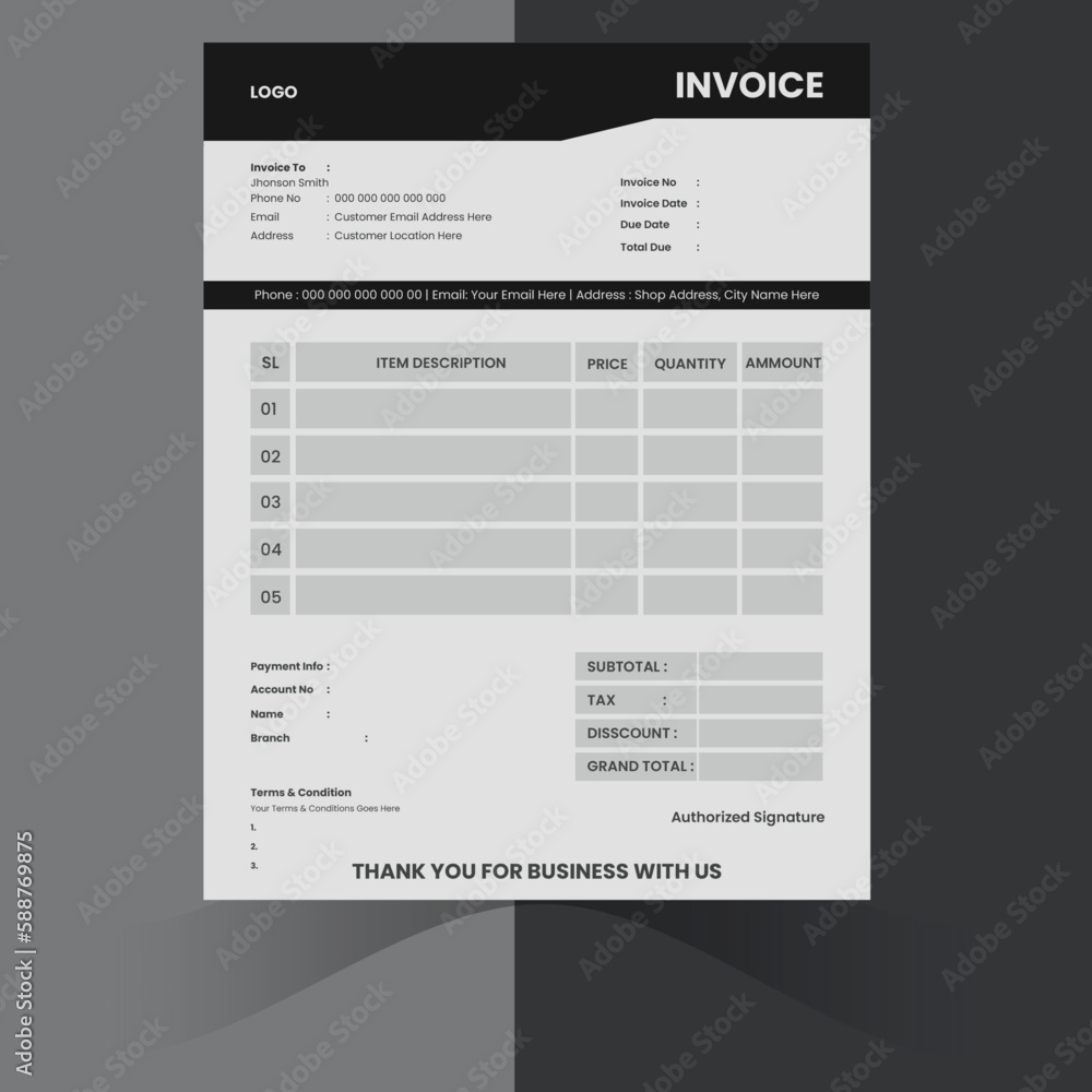 Professional black Invoice template design, Letter size invoice design ...