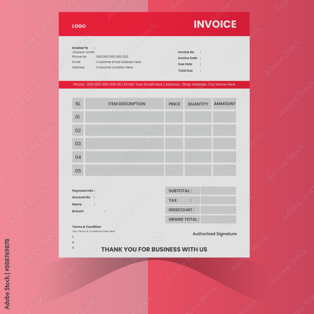 Professional red Invoice template design, Letter size invoice design ...