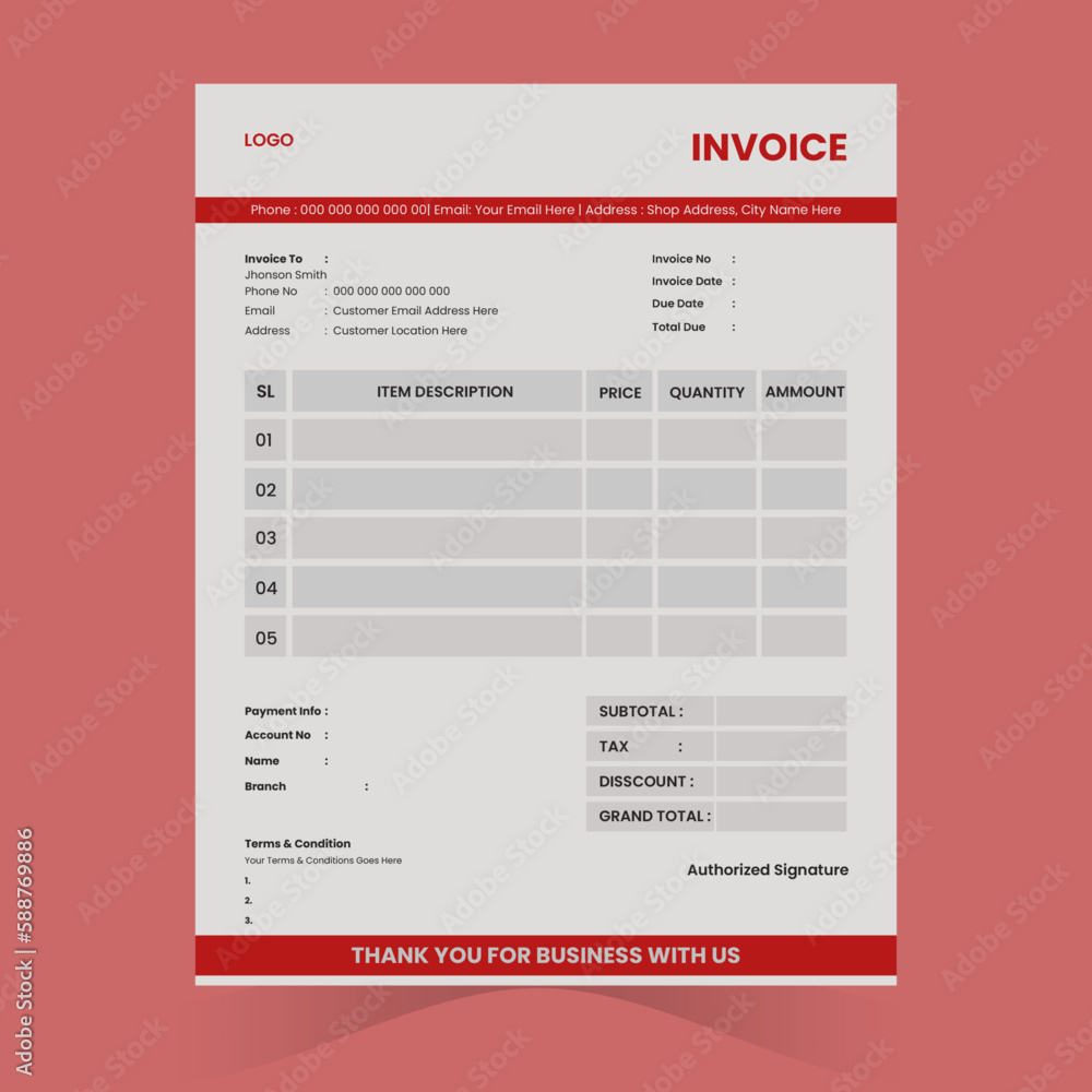 Professional red Invoice template design, Letter size invoice design ...