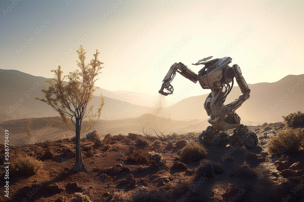 A futuristic vision of a self sufficient robot planting trees in areas ...