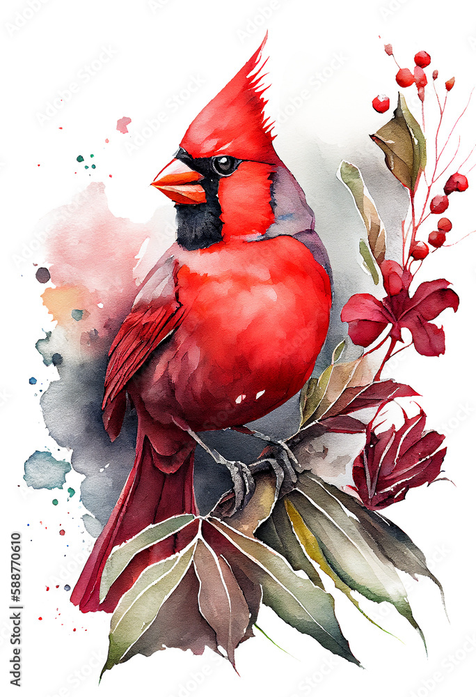 Watercolor Red Cardinal with flower on a branch, watercolor painting ...