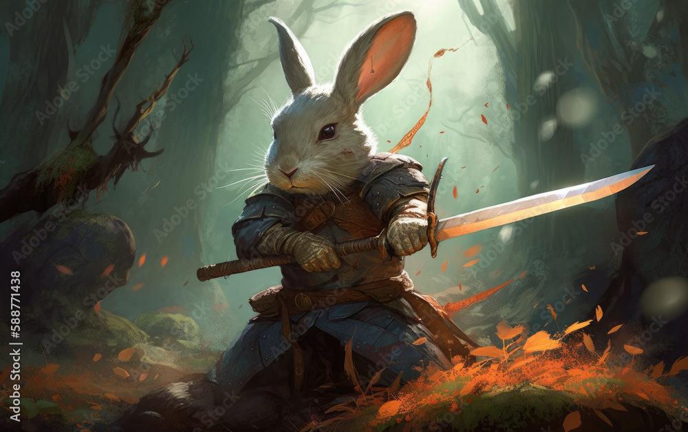 Rabbit fights in knight armor with a medieval sword, like a medieval ...