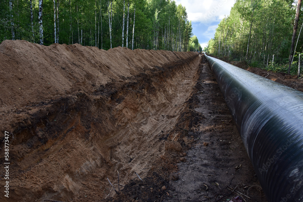 Natural Gas Pipeline Construction. Crude oil transmission in pipe from ...