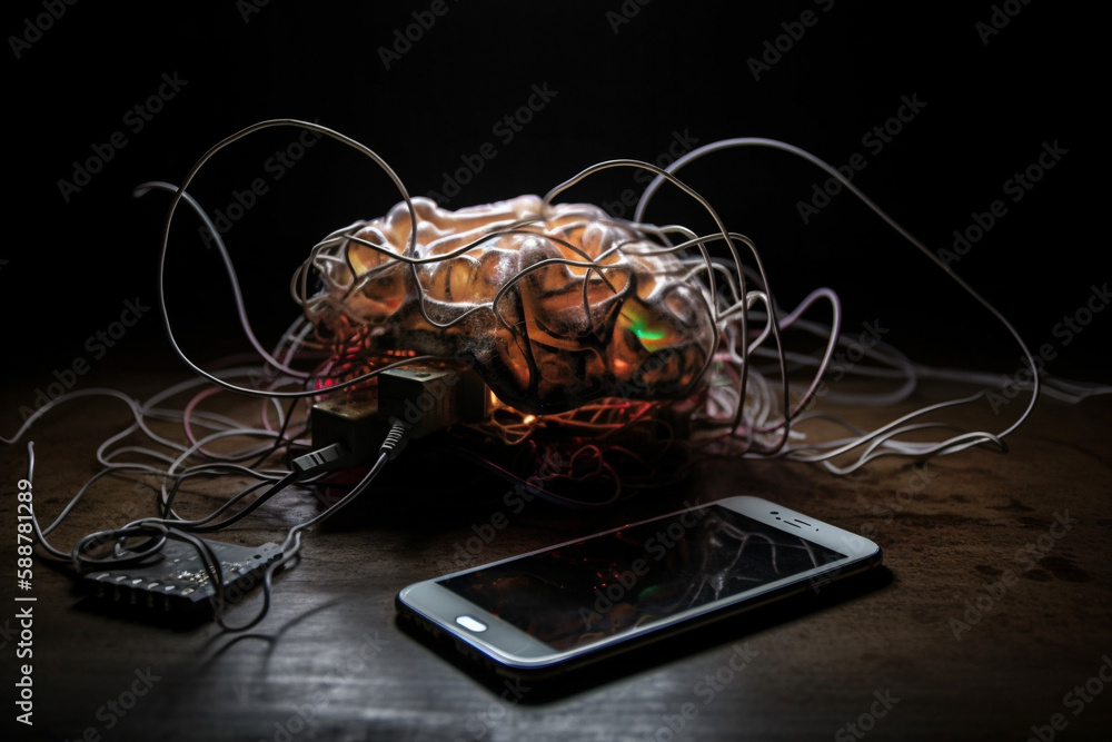 Human brain connected to a mobile phone with wires, representing the ...
