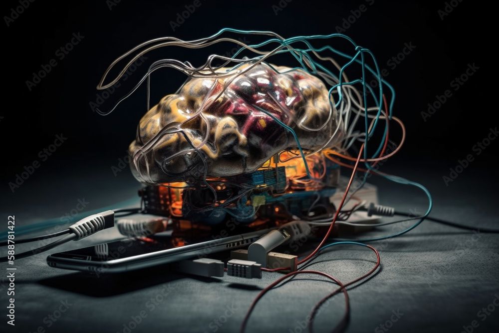 Human brain connected to a mobile phone with wires, representing the ...