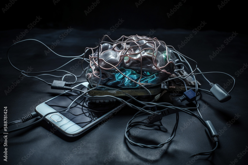 Human brain connected to a mobile phone with wires, representing the ...