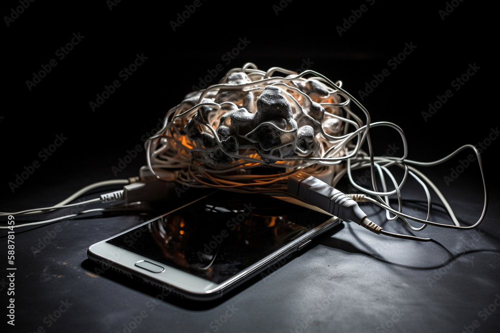 Human brain connected to a mobile phone with wires, representing the ...
