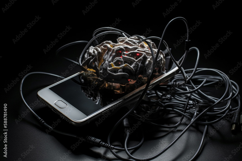 Human brain connected to a mobile phone with wires, representing the ...
