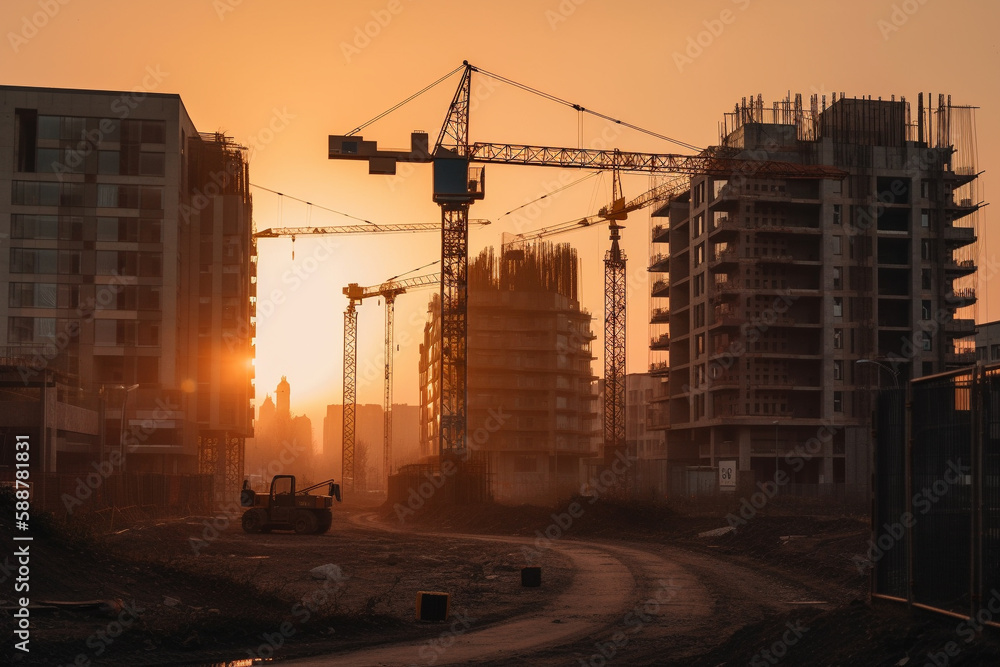 Construction site at sunset, showing towering buildings in various ...
