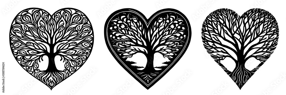 Silhouette of a tree with a heart. Sketch of a tree and heart tattoo ...