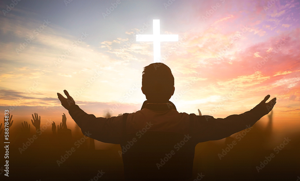 Christian Raising Hands In Praise Worship And Prayer To God With White Cross At Sunrise Stock