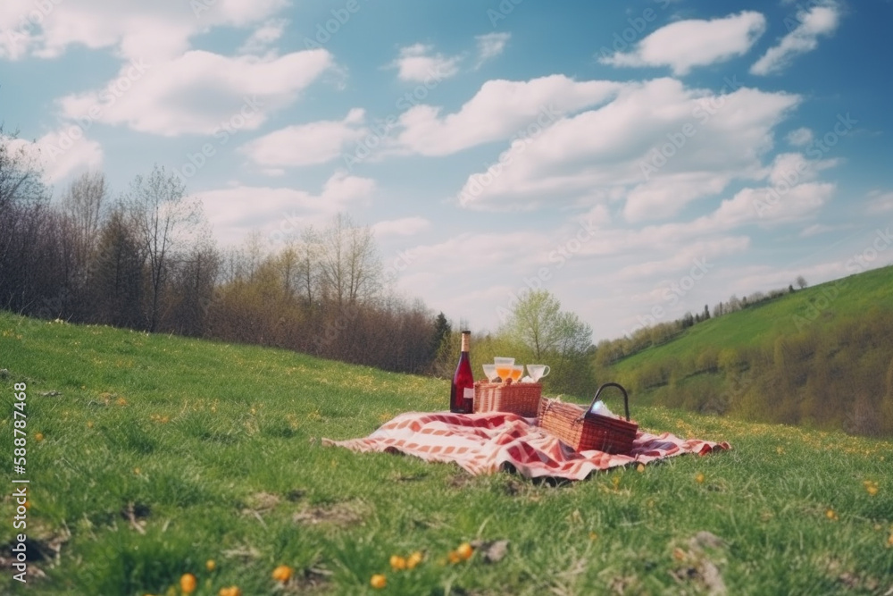 Lovely picnic setup in a spring nature landscape. Picnic in Nature on a ...