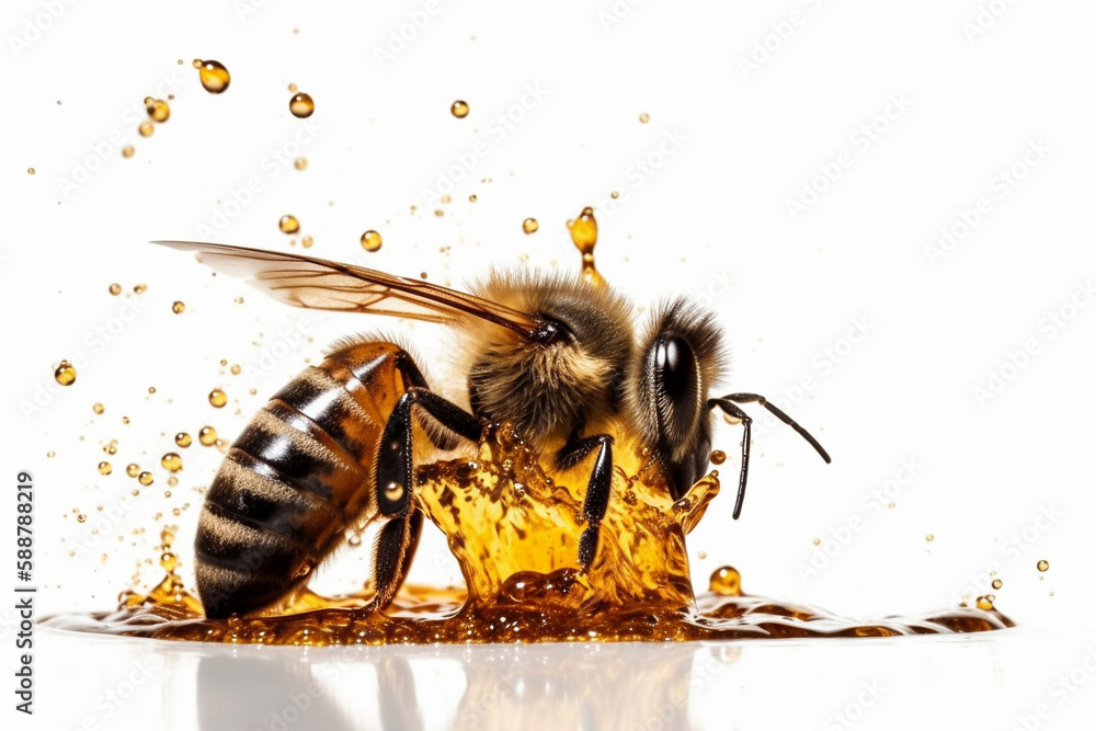 Bee on a white background with drips of honey, emphasizing the ...