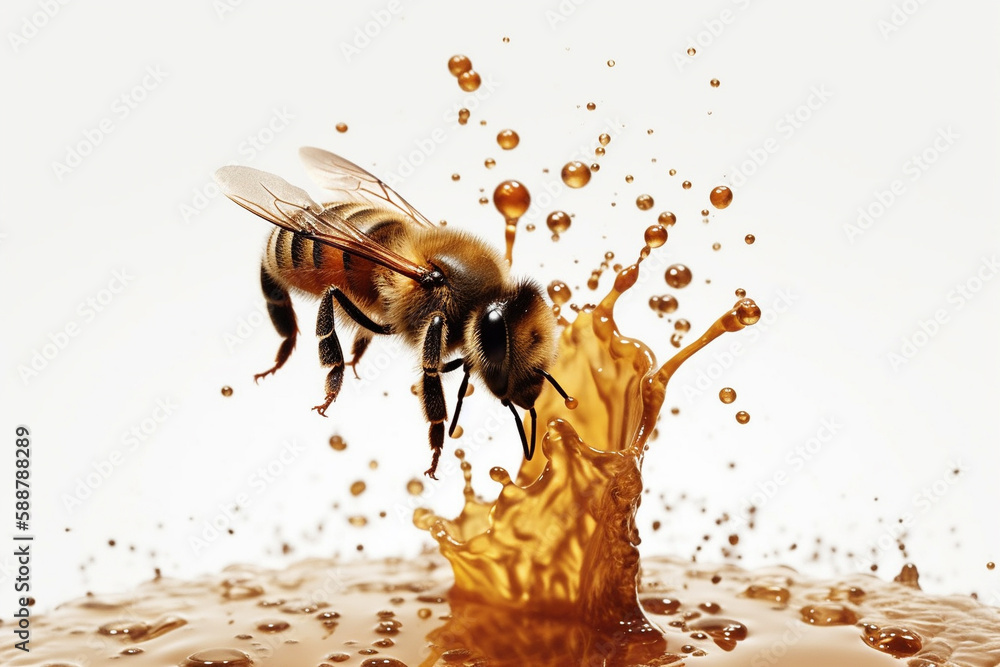 Bee on a white background with drips of honey, emphasizing the ...