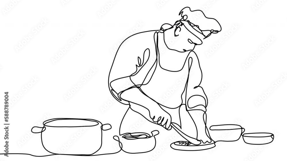 Self-drawing of a chef at work with one line. The concept of the chef ...