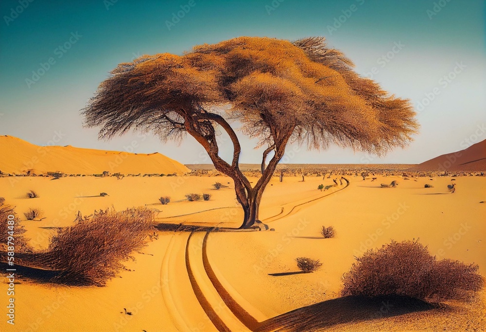 Acacia tree and wild ghaf trees on a sandy desert in Al Madam buried ...