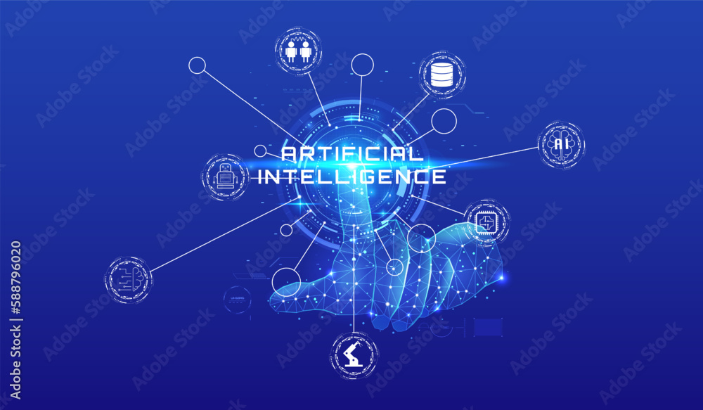 Digital low poly hand pushing on hud circle system to release ai ...