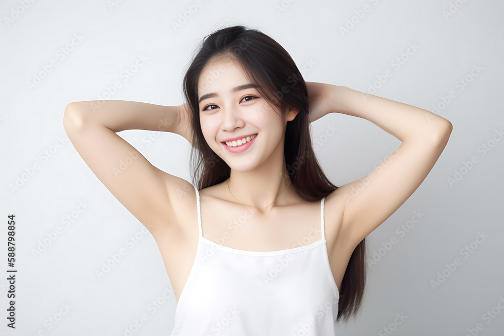 Portrait of Cute Asian Woman, She raises her arm to show her Smooth ...