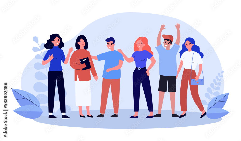 Young people standing side by side vector illustration. Group of happy ...