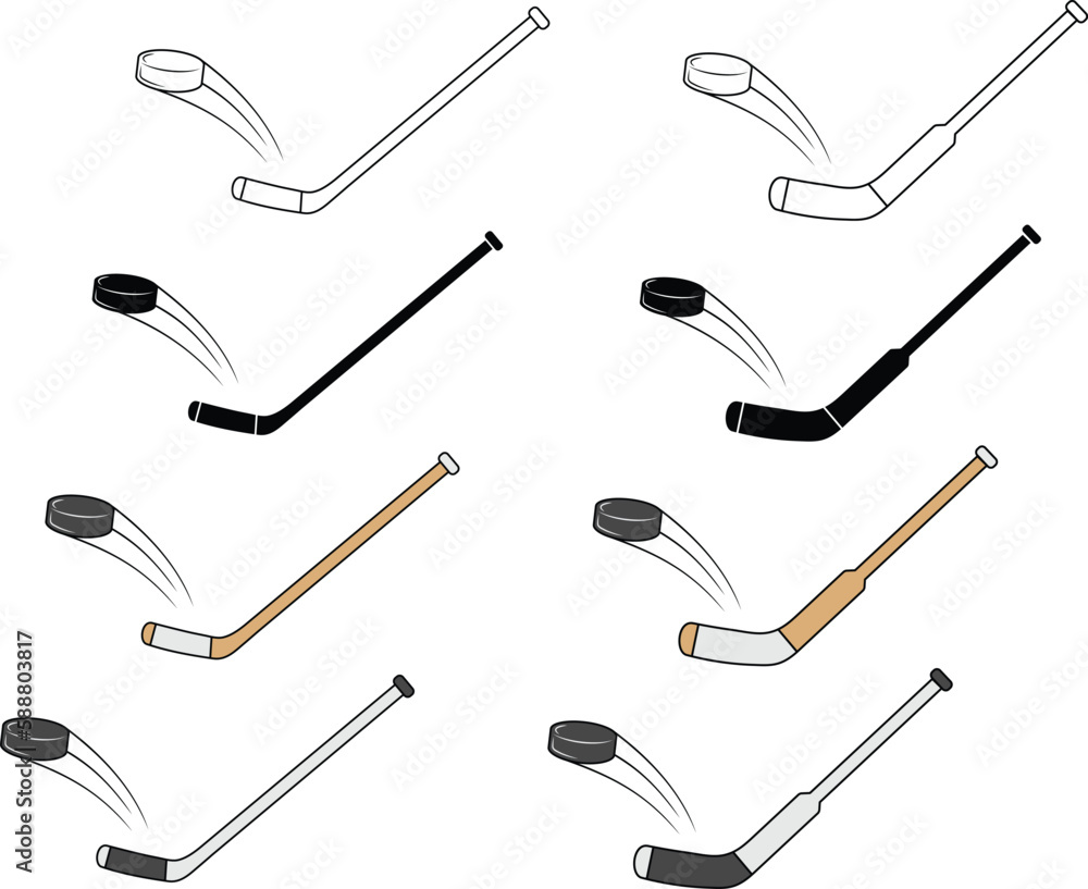 Hockey Stick and Puck Shot Clipart Set - Outline, Silhouette & Color ...