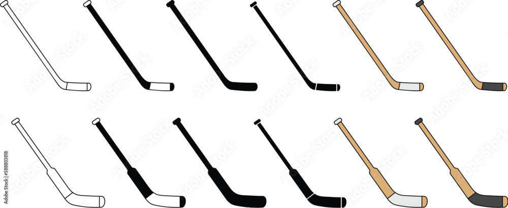 Hockey Stick Clipart Set - Outline, Silhouette & Color Stock Vector ...