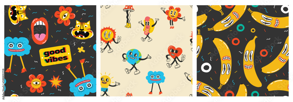 Colorful funny happy face label seamless pattern set. Collection of ...