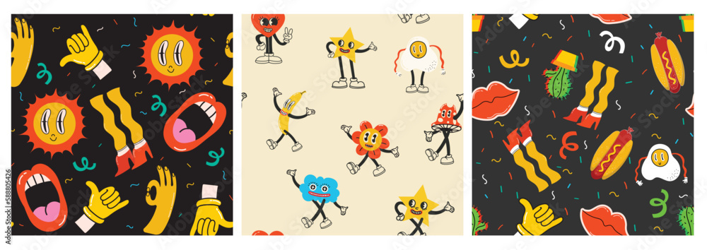 Colorful funny happy face label seamless pattern set. Collection of ...