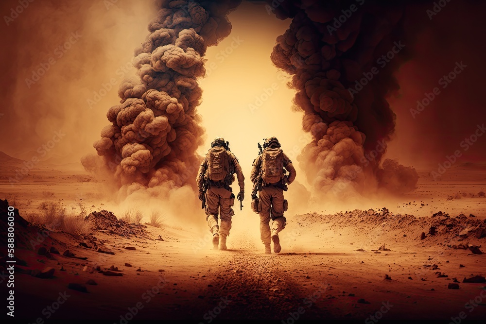 Military special forces soldiers crossing destroyed warzone through ...