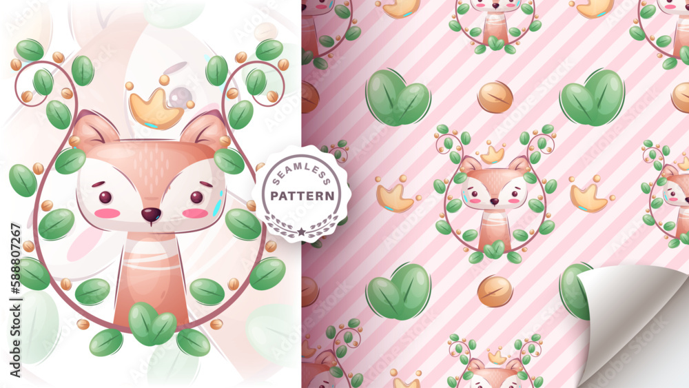Seamless pattern cartoon character adorable princess fox, pretty animal ...
