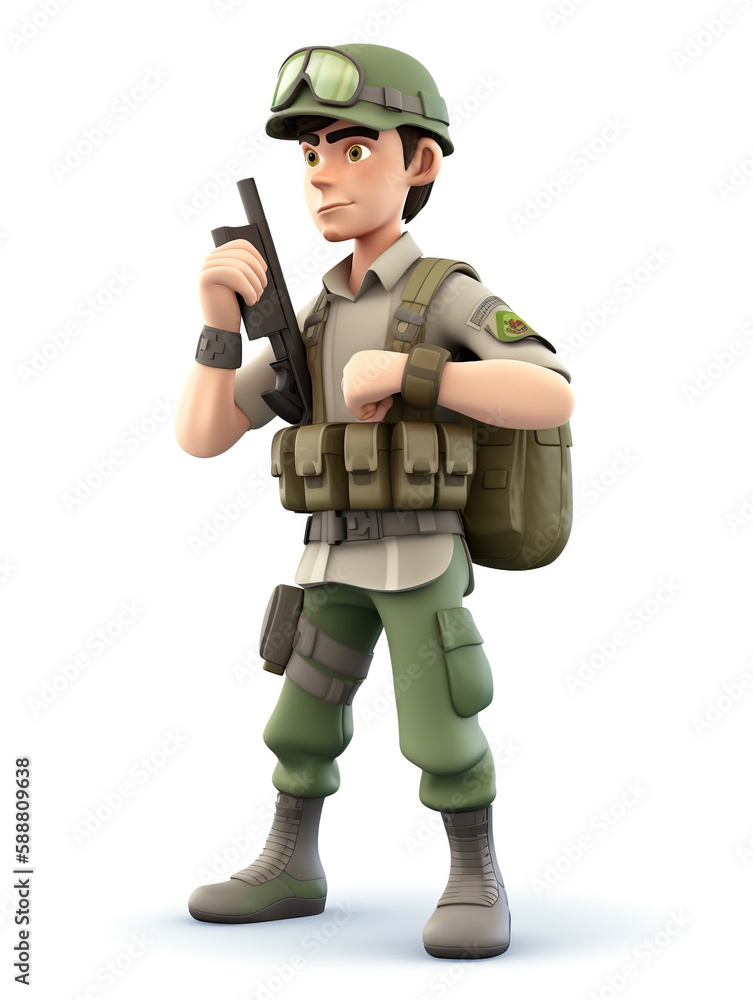 3D illustration showing a soldier in uniform and fully armed. Ready to ...