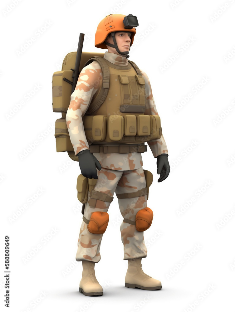 3D illustration showing a soldier in uniform and fully armed. Ready to ...