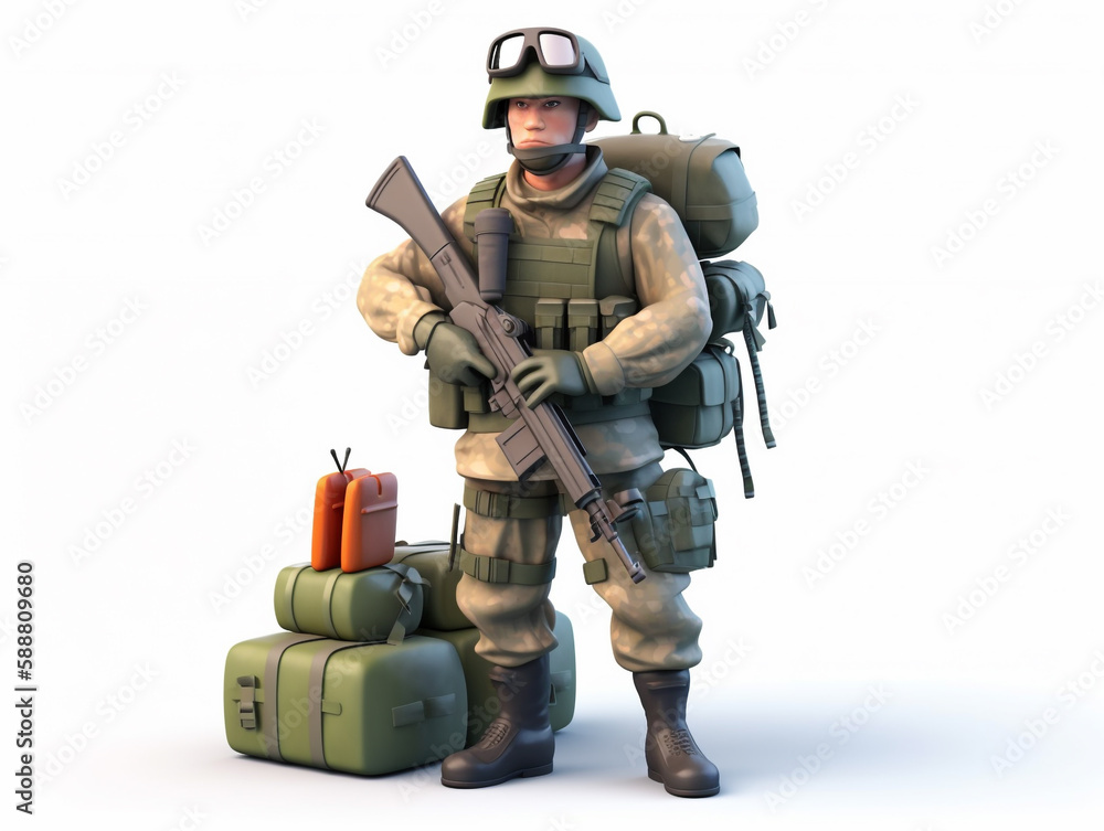 3D illustration showing a soldier in uniform and fully armed. Ready to ...