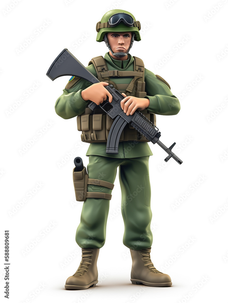 3D illustration showing a soldier in uniform and fully armed. Ready to ...