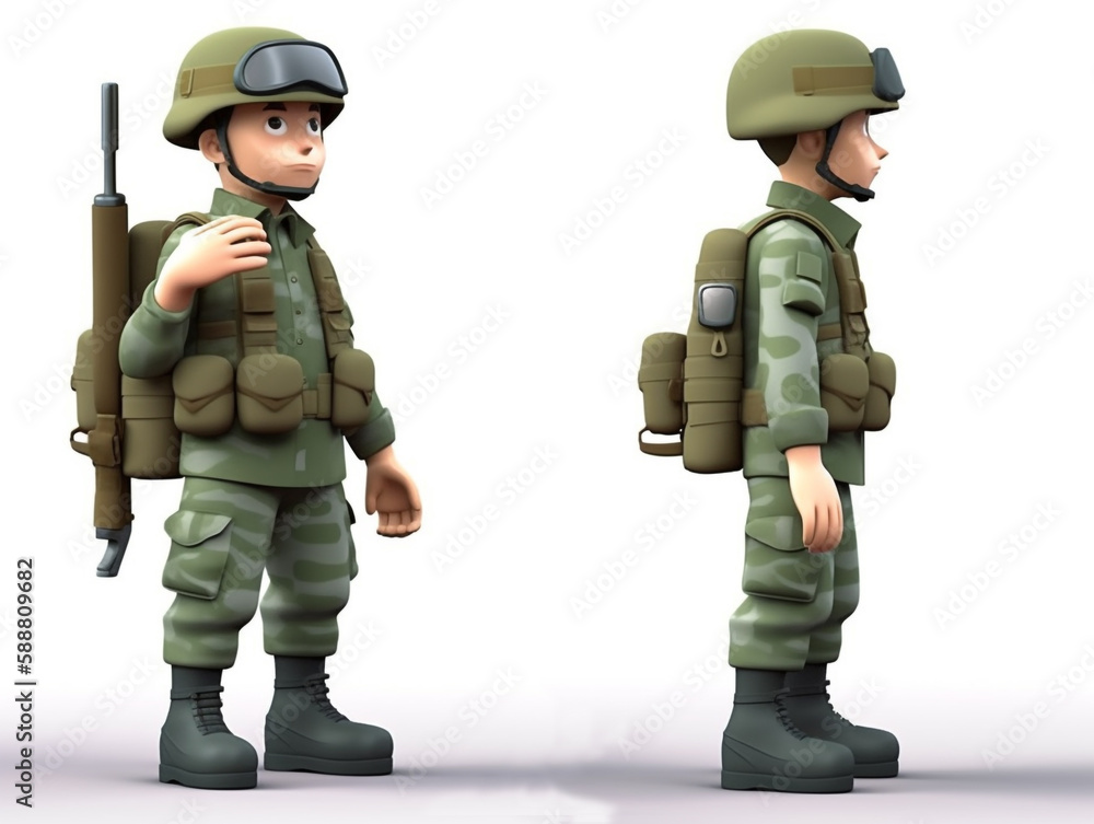 3D illustration showing a soldier in uniform and fully armed. Ready to ...