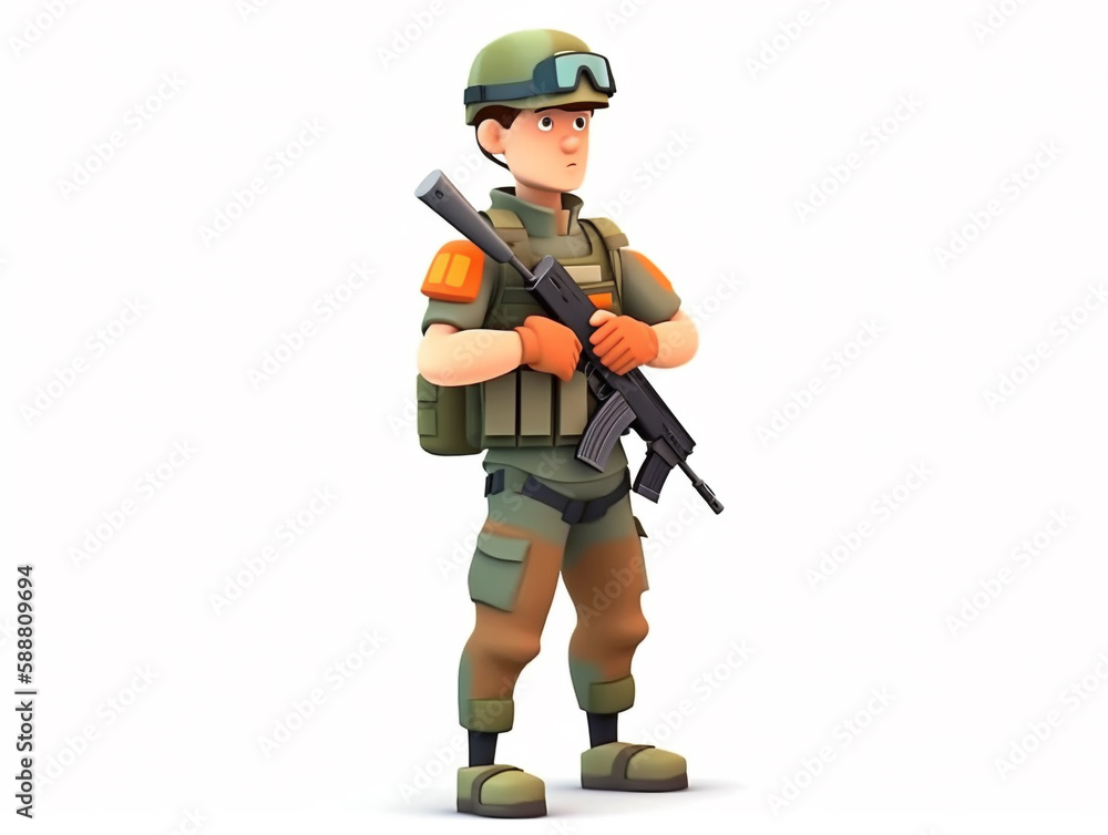 3D illustration showing a soldier in uniform and fully armed. Ready to ...