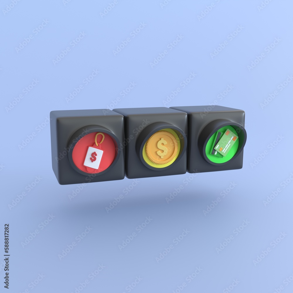 Traffic light 3d render. money icon with price tag, coin and credit ...