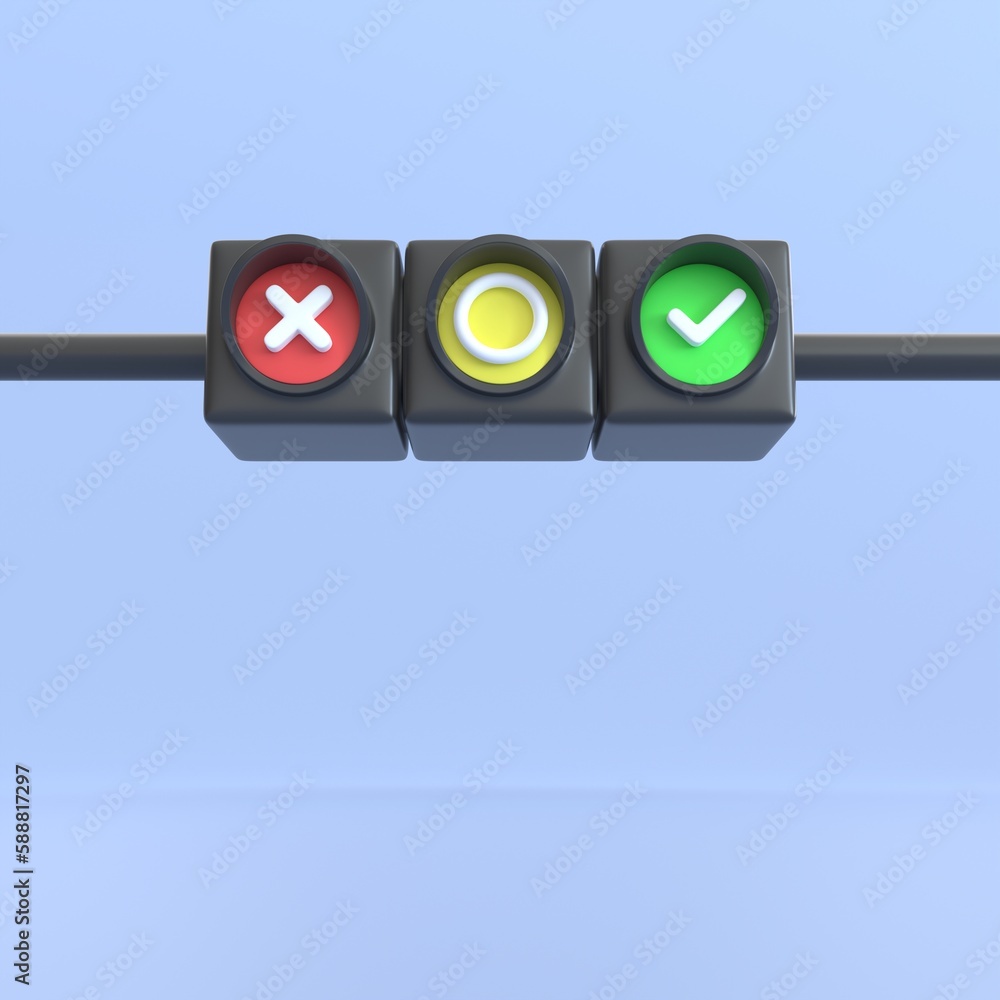 Traffic light 3d render. money icon with correct sign, checkmark and ...