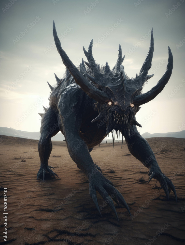 An ominous beast appears in the center of a murky wasteland its long ...