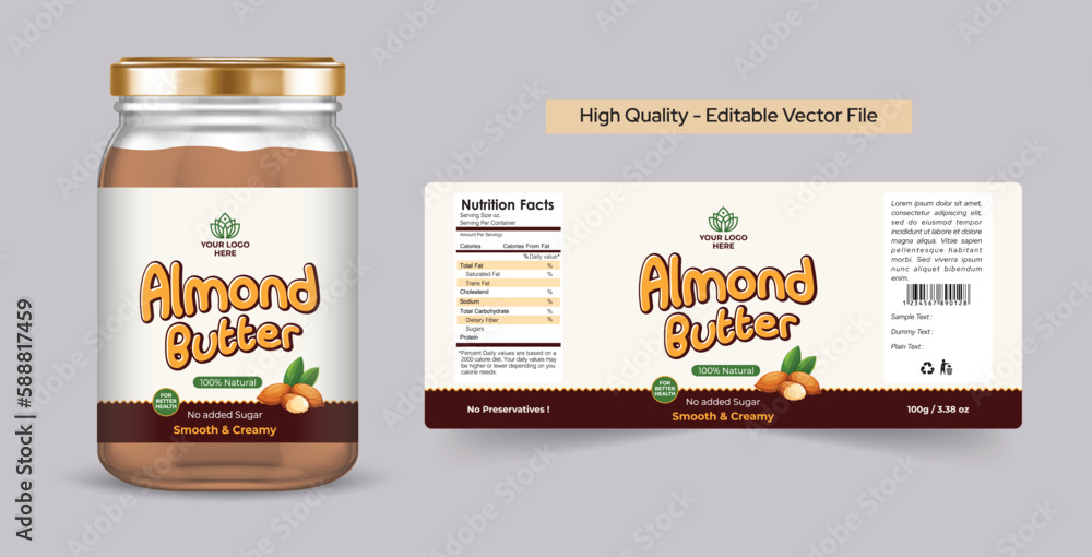 Almond butter label design, Organic Almond butter Jar label ...