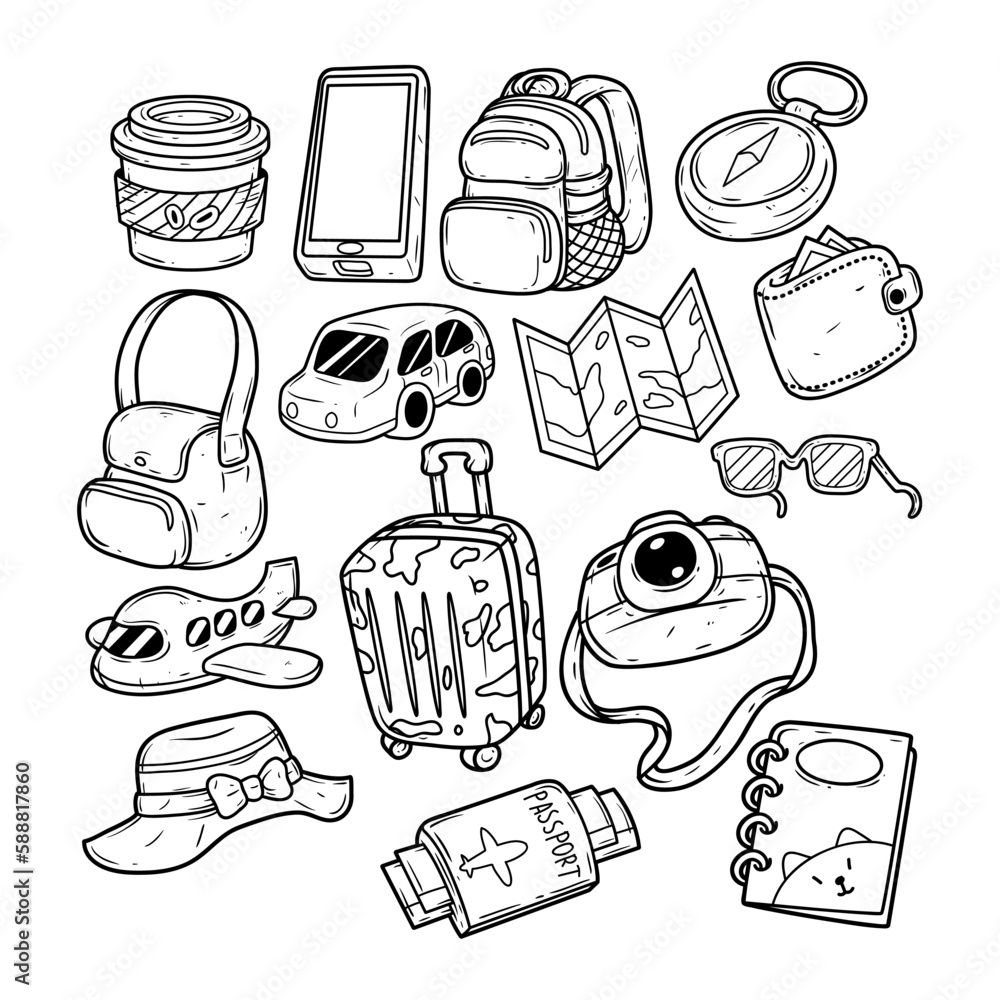 Set of traveling element hand-drawn outline sketch illustration. Travel ...