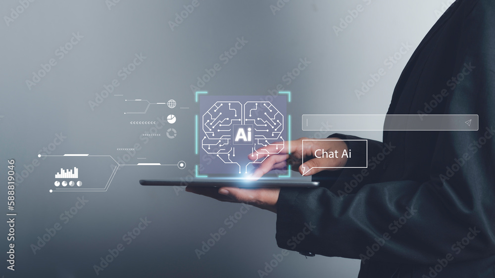 Chat with Ai or Artificial Intelligence tech concept. Businessman show ...