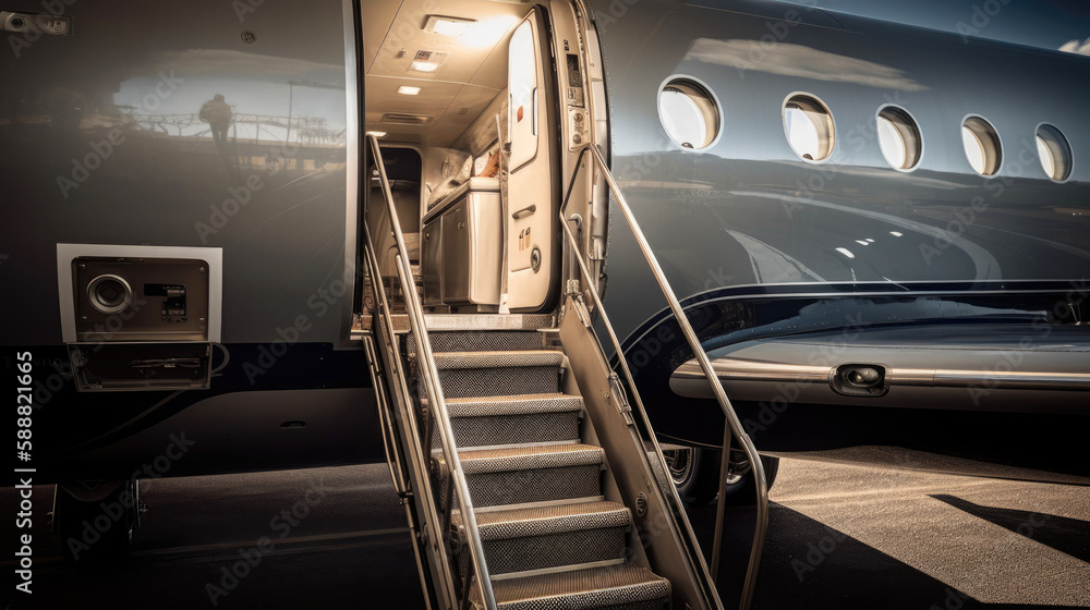 Private business jet with open door and ladder. Generative AI Stock ...